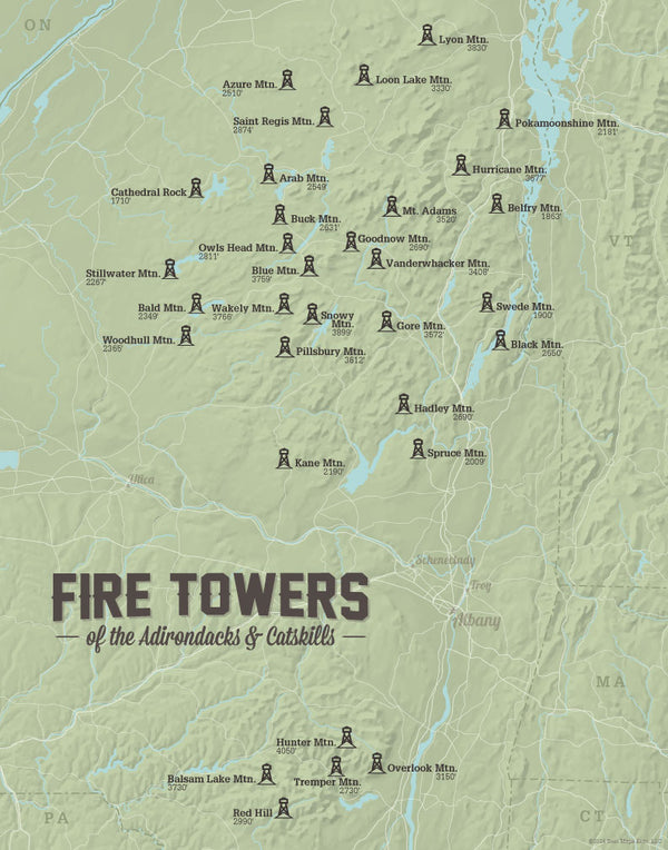 Adirondack Fire Tower Challenge Map 11x14 Print - Best Maps Ever