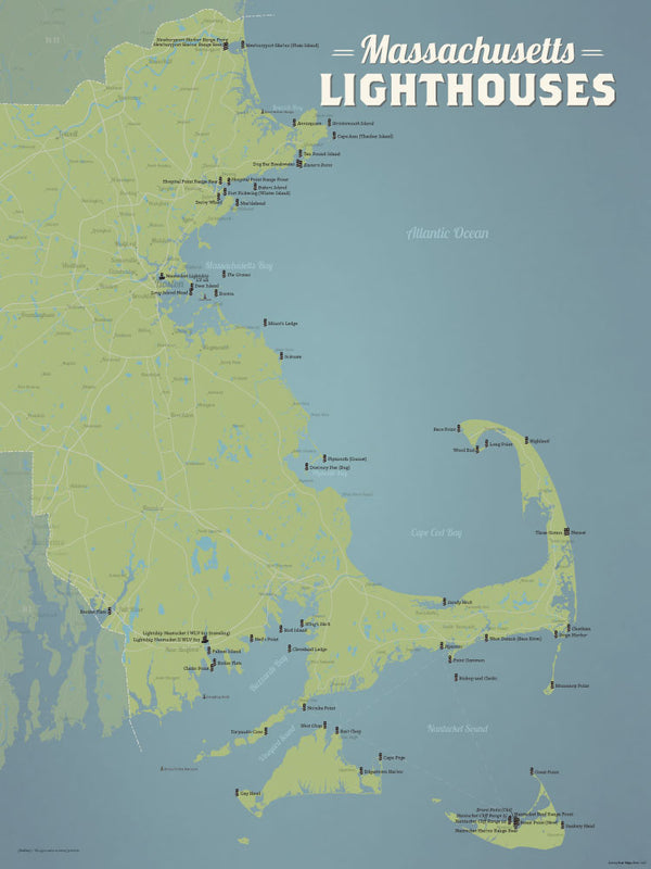 Massachusetts Lighthouses Map 18x24 Poster - Best Maps Ever
