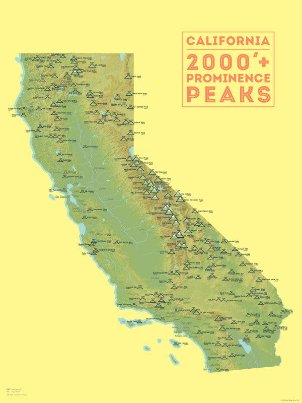 California 2000' Prominence Peaks Map 18x24 Poster - Best Maps Ever