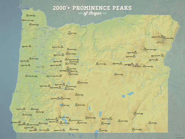 Oregon 2000' Prominence Peaks Map 18x24 Poster - Best Maps Ever