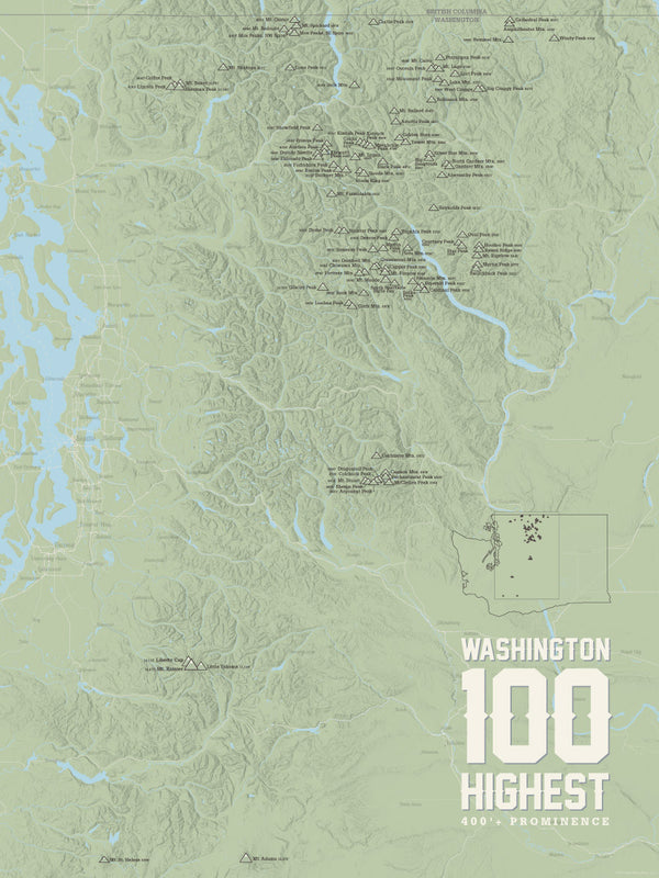 Washington 100 Highest Peaks Map 18x24 Poster - Best Maps Ever